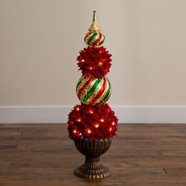 NEARLY NATURAL 3' Pre Lit Artificial Christmas Poinsettia Topiary Tree