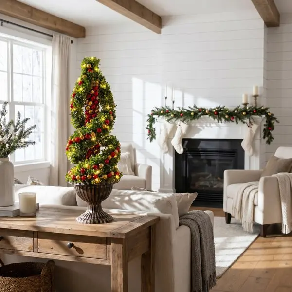 NEARLY NATURAL 3' Pre Lit Artificial Christmas Spiral Boxwood Topiary Tree With Ornaments
