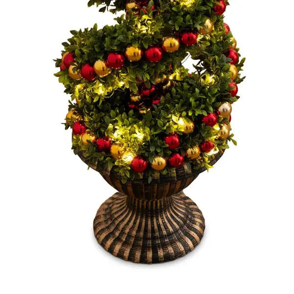 NEARLY NATURAL 3' Pre Lit Artificial Christmas Spiral Boxwood Topiary Tree With Ornaments