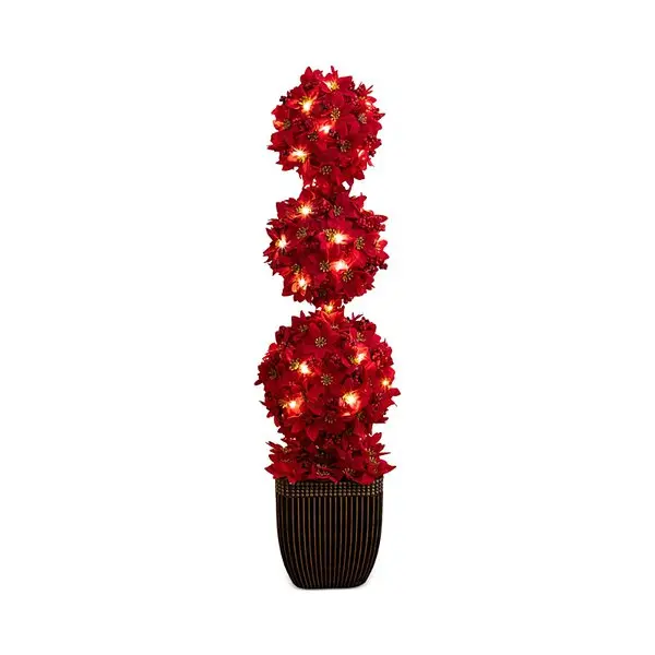 NEARLY NATURAL 31' Pre Lit Artificial Poinsettia Triple Ball Topiary Tree