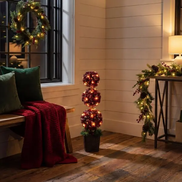 NEARLY NATURAL 31' Pre Lit Artificial Poinsettia Triple Ball Topiary Tree