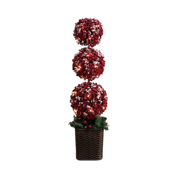 NEARLY NATURAL 31' Pre Lit Artificial Snowed Holly Berry Triple Ball Topiary Tree