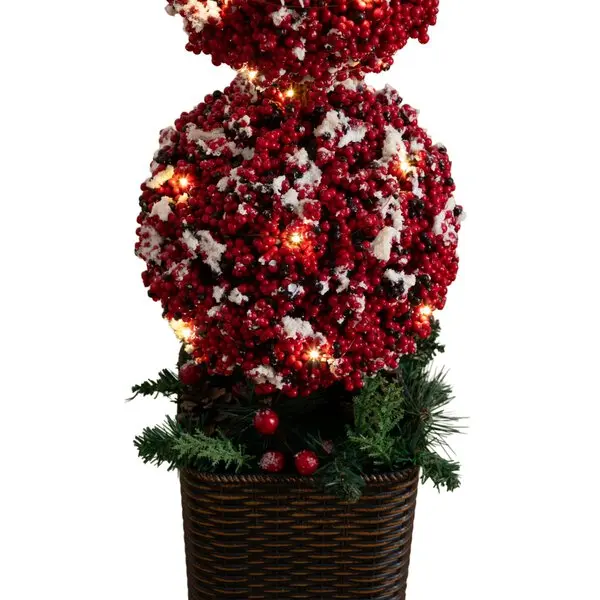 NEARLY NATURAL 31' Pre Lit Artificial Snowed Holly Berry Triple Ball Topiary Tree