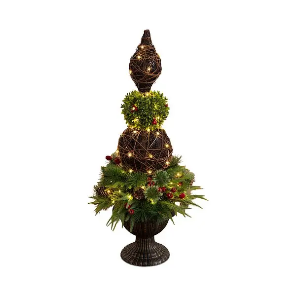 NEARLY NATURAL 3' Pre Lit Artificial Finial Boxwood Ornament Mixed Pine Topiary