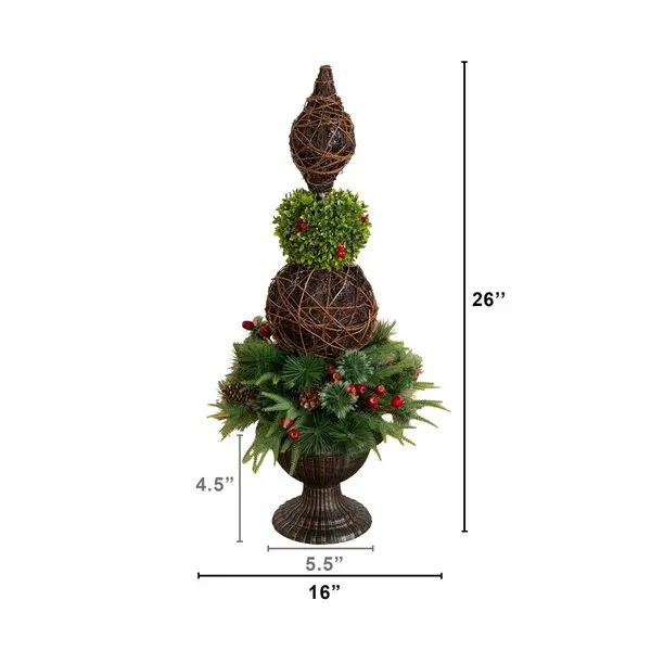 NEARLY NATURAL 3' Pre Lit Artificial Finial Boxwood Ornament Mixed Pine Topiary