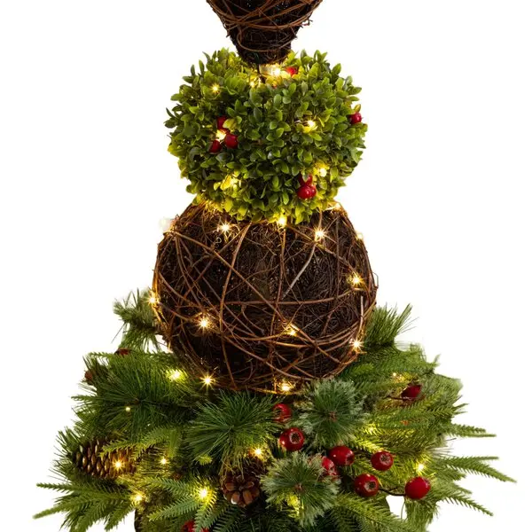NEARLY NATURAL 3' Pre Lit Artificial Finial Boxwood Ornament Mixed Pine Topiary
