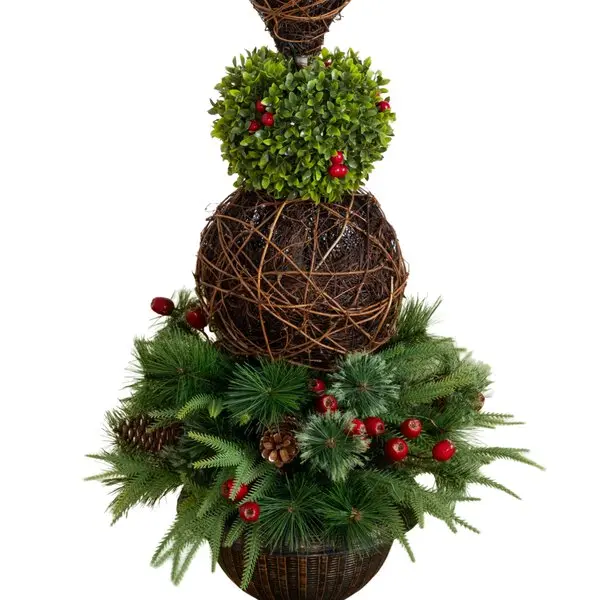 NEARLY NATURAL 3' Pre Lit Artificial Finial Boxwood Ornament Mixed Pine Topiary