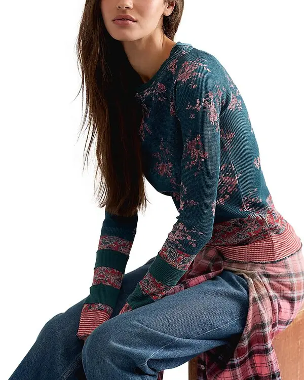 Free People Easy Does It Cotton Stretch Printed Top - Wine Combo