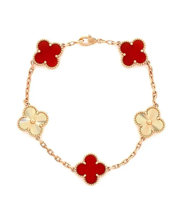 VAN CLEEF & ARPELS Vintage Alhambra 5 Motifs Bracelet Guilloche 18k Rose Gold And Carnelian - Pink