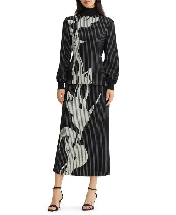 Ming Wang Mock Neck Floral Soft Ribbed Knit Top