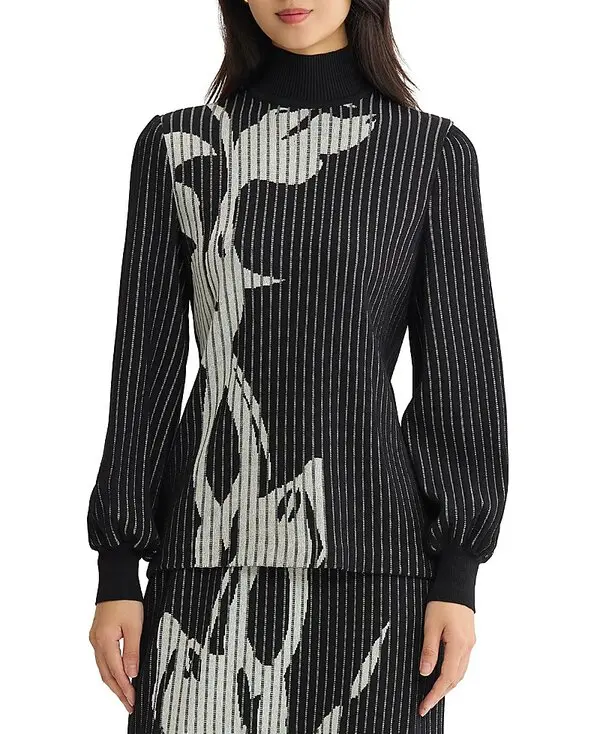 Ming Wang Petite Mock Neck Floral Soft Ribbed Knit Top