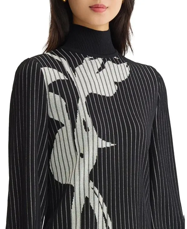 Ming Wang Petite Mock Neck Floral Soft Ribbed Knit Top