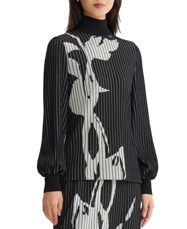 Ming Wang Petite Mock Neck Floral Soft Ribbed Knit Top
