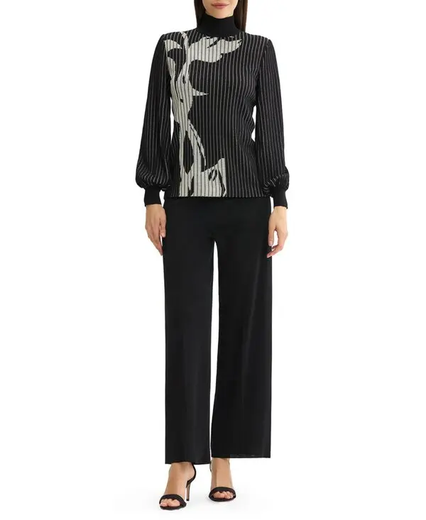 Ming Wang Petite Mock Neck Floral Soft Ribbed Knit Top