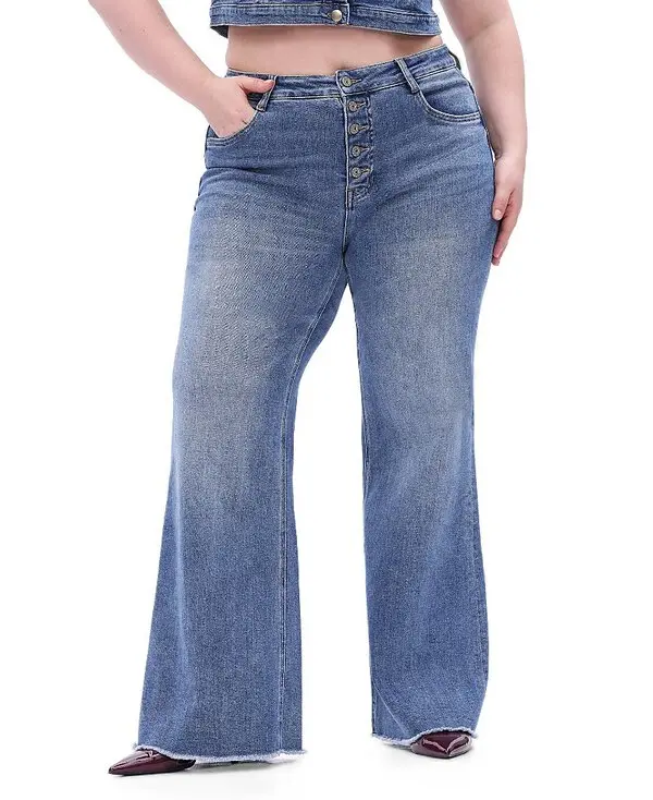 BAYEAS Plus Mid Rise Wide Leg With Frayed Hem Denim Jeans
