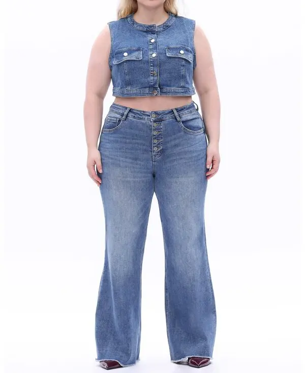 BAYEAS Plus Mid Rise Wide Leg With Frayed Hem Denim Jeans