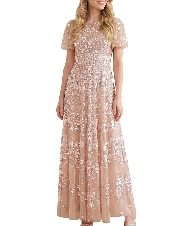 NEEDLE & THREAD Anais Sequin Short Sleeve Gown - Biscuit