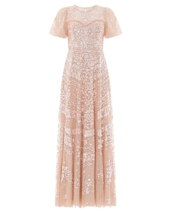 NEEDLE & THREAD Anais Sequin Short Sleeve Gown - Biscuit