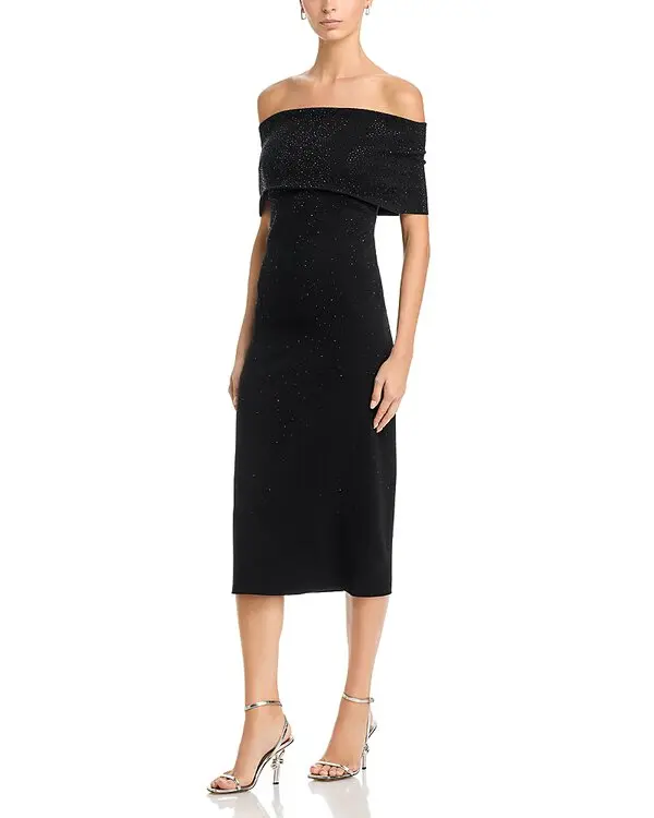 Rickie Freeman For Teri Jon Jet Bead Knit Off-the-shoulder Dress