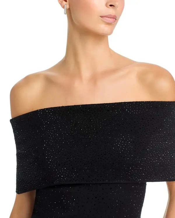Rickie Freeman For Teri Jon Jet Bead Knit Off-the-shoulder Dress