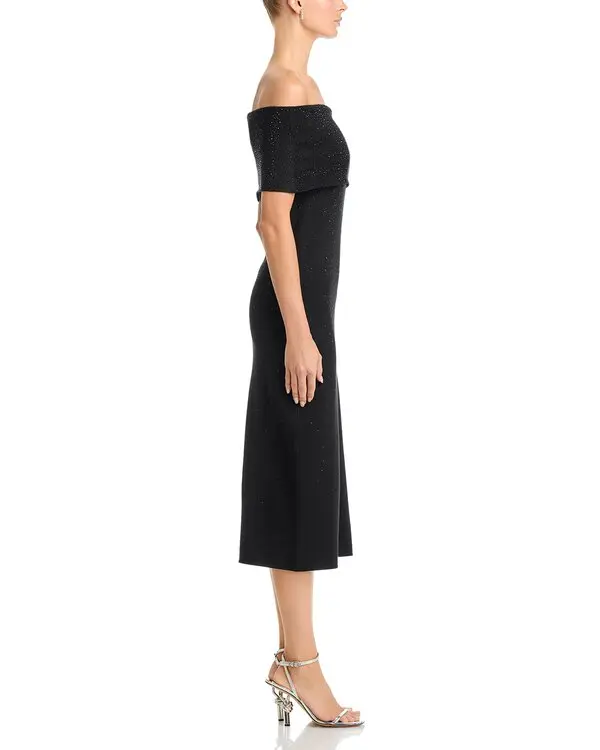 Rickie Freeman For Teri Jon Jet Bead Knit Off-the-shoulder Dress