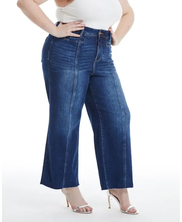 BAYEAS Plus High Rise Wide Leg Vertical Front Seam Raw Hem Denim Jeans