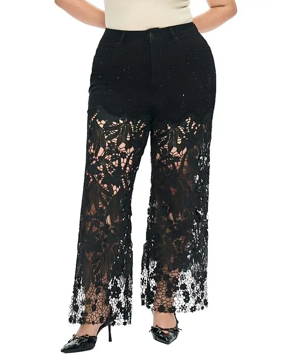 BAYEAS Plus Embroidery Wide Leg Lace Jeans With Rhinestone In Wash - Black