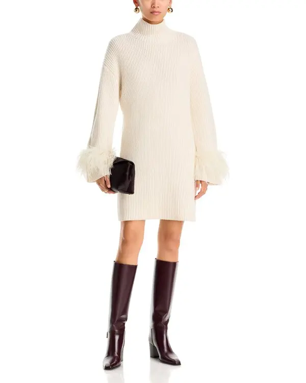 Ramy Brook Kay Turtleneck Feather Trim Sweater Dress