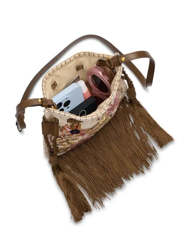 Valentino Garavani Vlogo Embroidered Fringe Drawstring Shoulder Bag