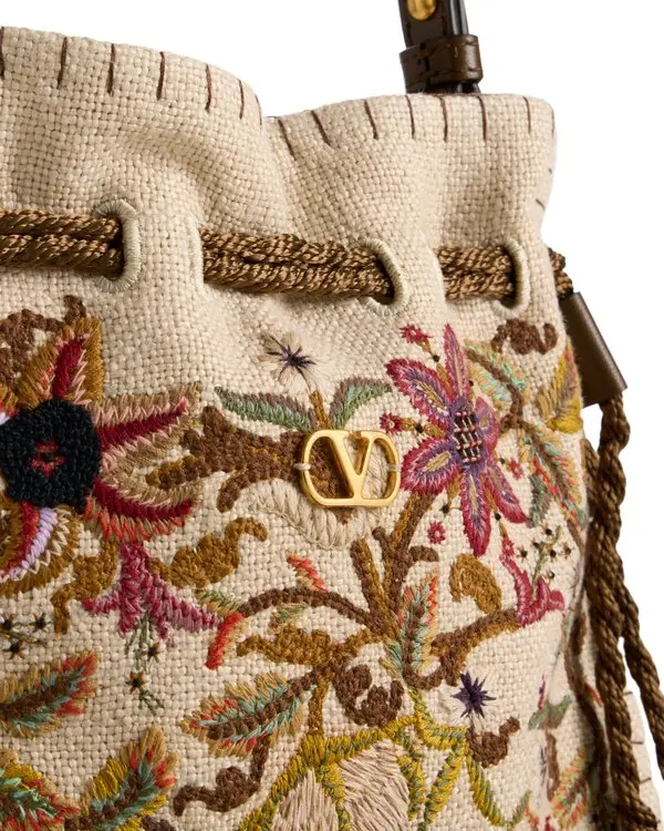 Valentino Garavani Vlogo Embroidered Fringe Drawstring Shoulder Bag