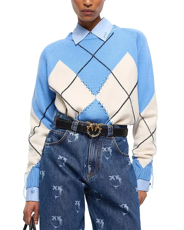 Pinko Berna Wool & Cashmere Argyle Crewneck Sweater - Ec