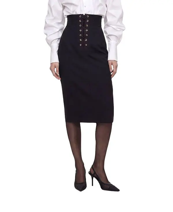 NOCTURNE Eyelet Detail High Waist Midi Skirt - Black