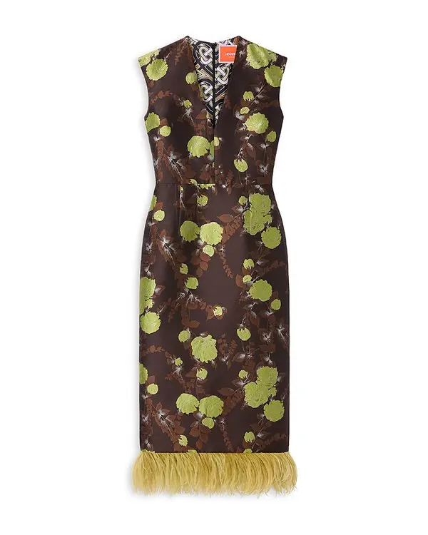 La DoubleJ Sleek Printed Feather Trim Dress - Devon