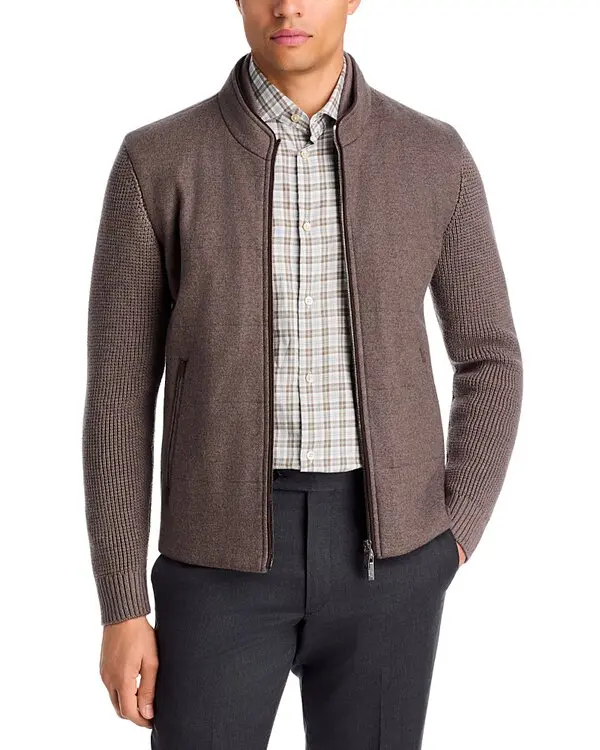 MAURIZIO BALDASSARI Wool Flannel Channel Quilt Blouson With Knit Sleeves - Heather Brown