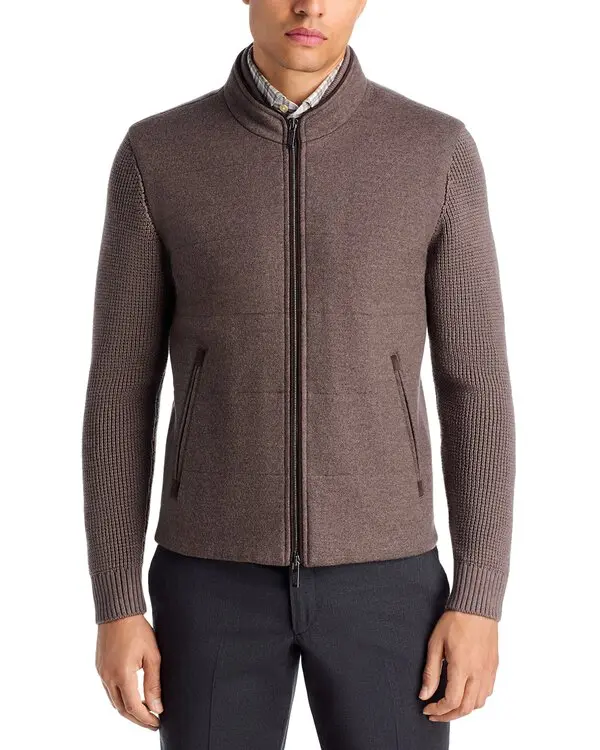 MAURIZIO BALDASSARI Wool Flannel Channel Quilt Blouson With Knit Sleeves - Heather Brown