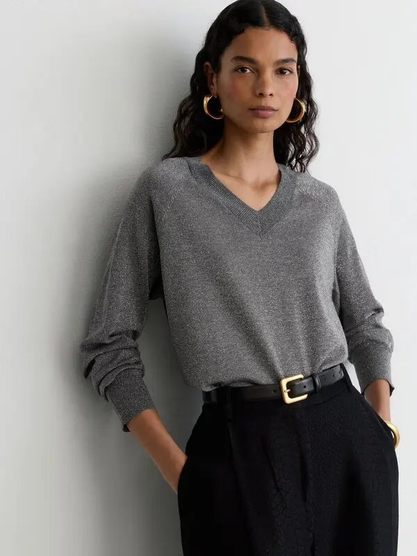 REISS Pammy Wool-blend Metallic-knit V-neck Jumper - Silver Grey