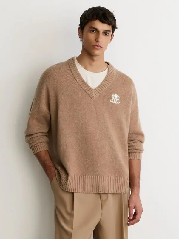 REISS Jeremy Monogram Wool Relaxed V-neck Jumper