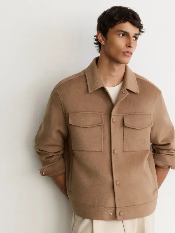 REISS Warner Monogram Wool-blend Press-stud Overshirt - Camel