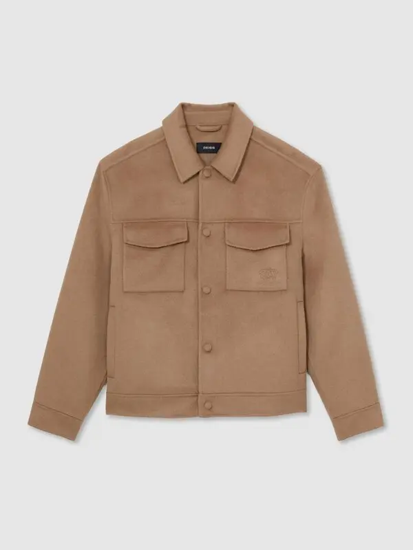 REISS Warner Monogram Wool-blend Press-stud Overshirt - Camel