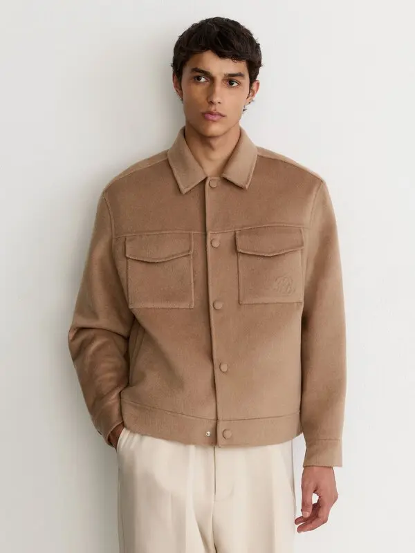 REISS Warner Monogram Wool-blend Press-stud Overshirt - Camel