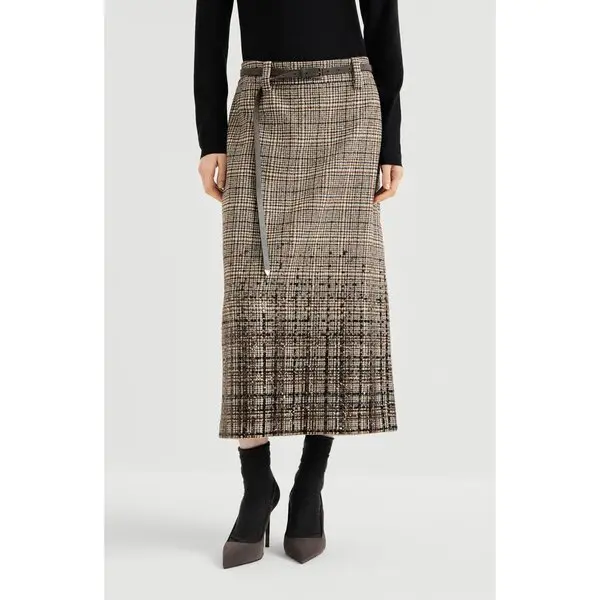 Brunello Cucinelli Checked Alpaca And Wool Pencil Skirt With Dazzling Degradé Embroidery