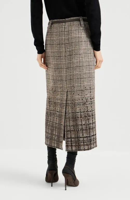 Brunello Cucinelli Checked Alpaca And Wool Pencil Skirt With Dazzling Degradé Embroidery