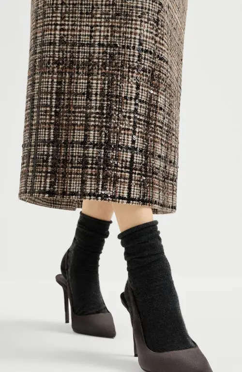 Brunello Cucinelli Checked Alpaca And Wool Pencil Skirt With Dazzling Degradé Embroidery