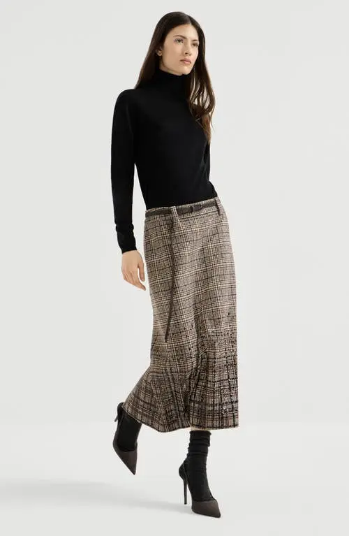 Brunello Cucinelli Checked Alpaca And Wool Pencil Skirt With Dazzling Degradé Embroidery