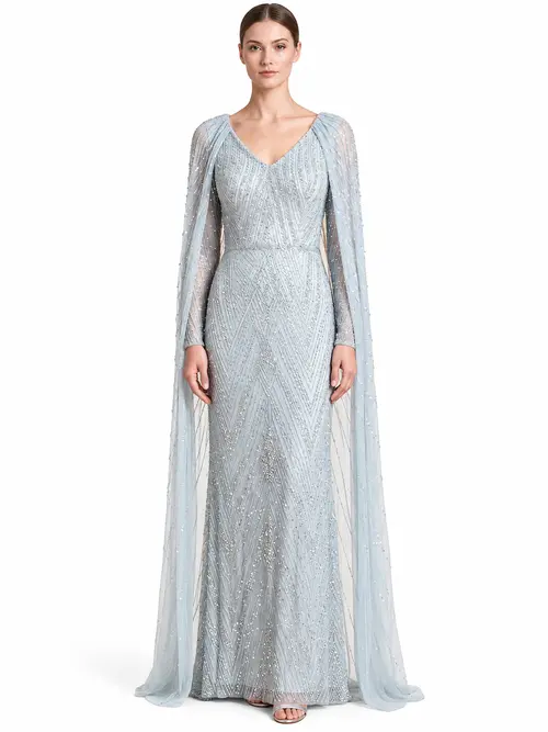 LARA NEW YORK V-neck Beaded Dress With Long Cape - Sky Blue