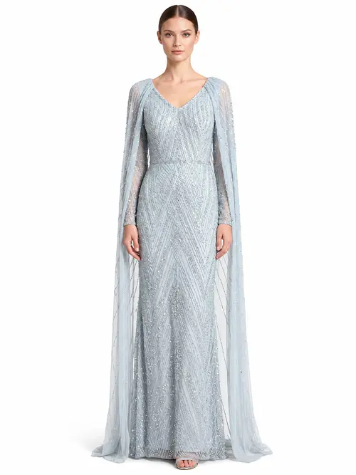 LARA NEW YORK V-neck Beaded Dress With Long Cape