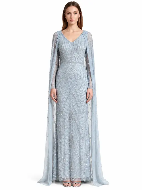 LARA NEW YORK V-neck Beaded Dress With Long Cape