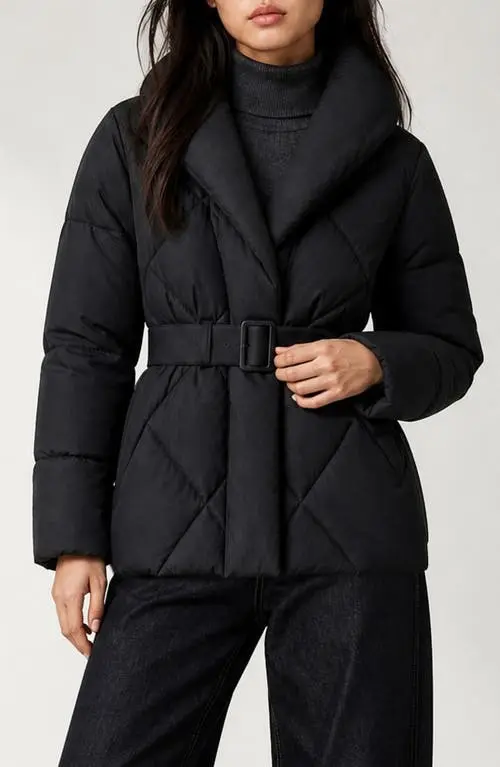 NOIZE Becky Belted Shawl Collar Puffer Jacket - Black