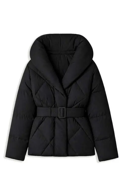 NOIZE Becky Belted Shawl Collar Puffer Jacket - Black