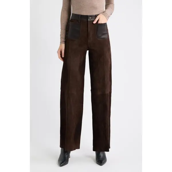 FRAME Slim Palazzo Suede Leather Pants - Dark Brown